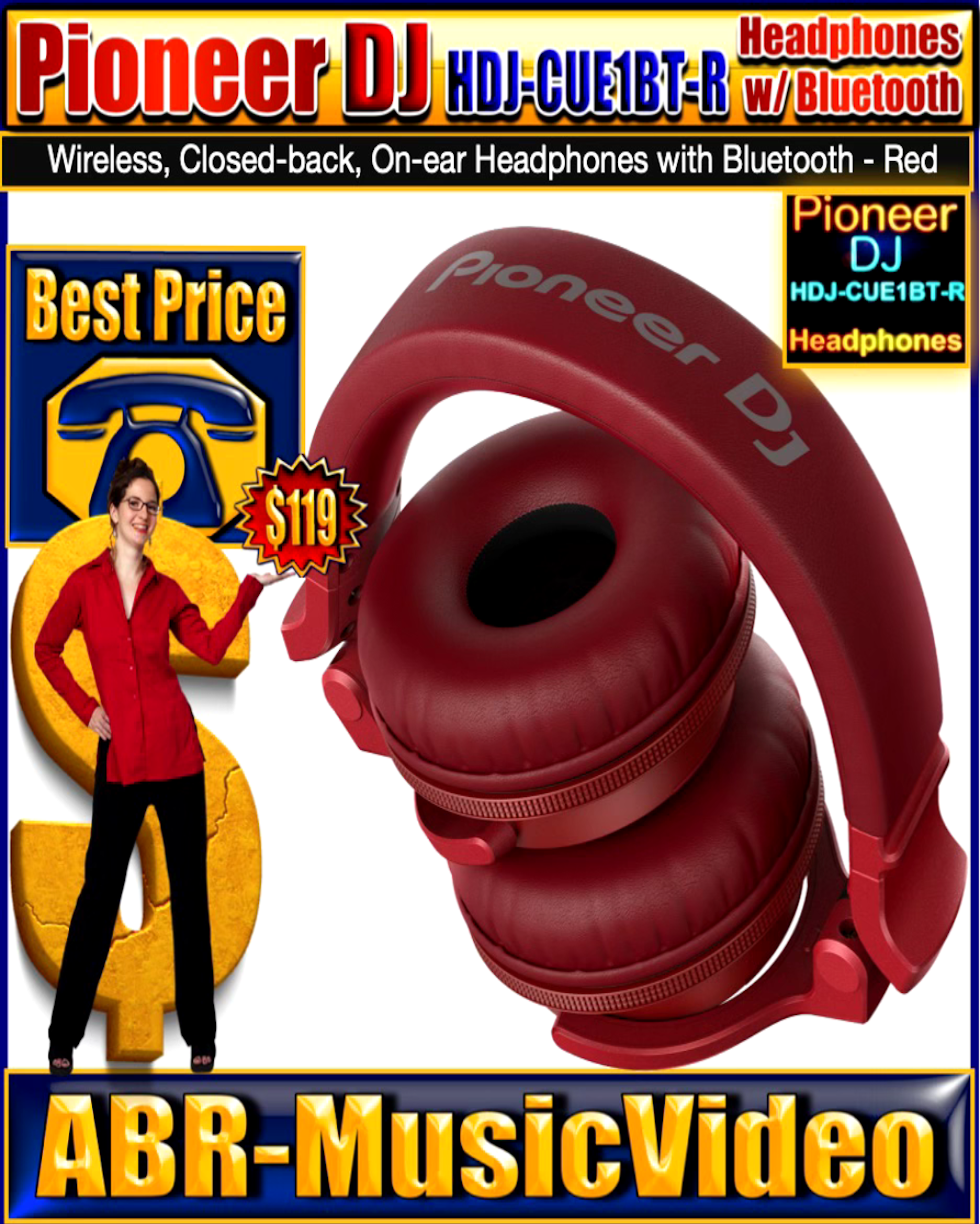 Pioneer DJ HDJ-CUE1 DJ Headphones with Bluetooth - Red/ 1 Year ...