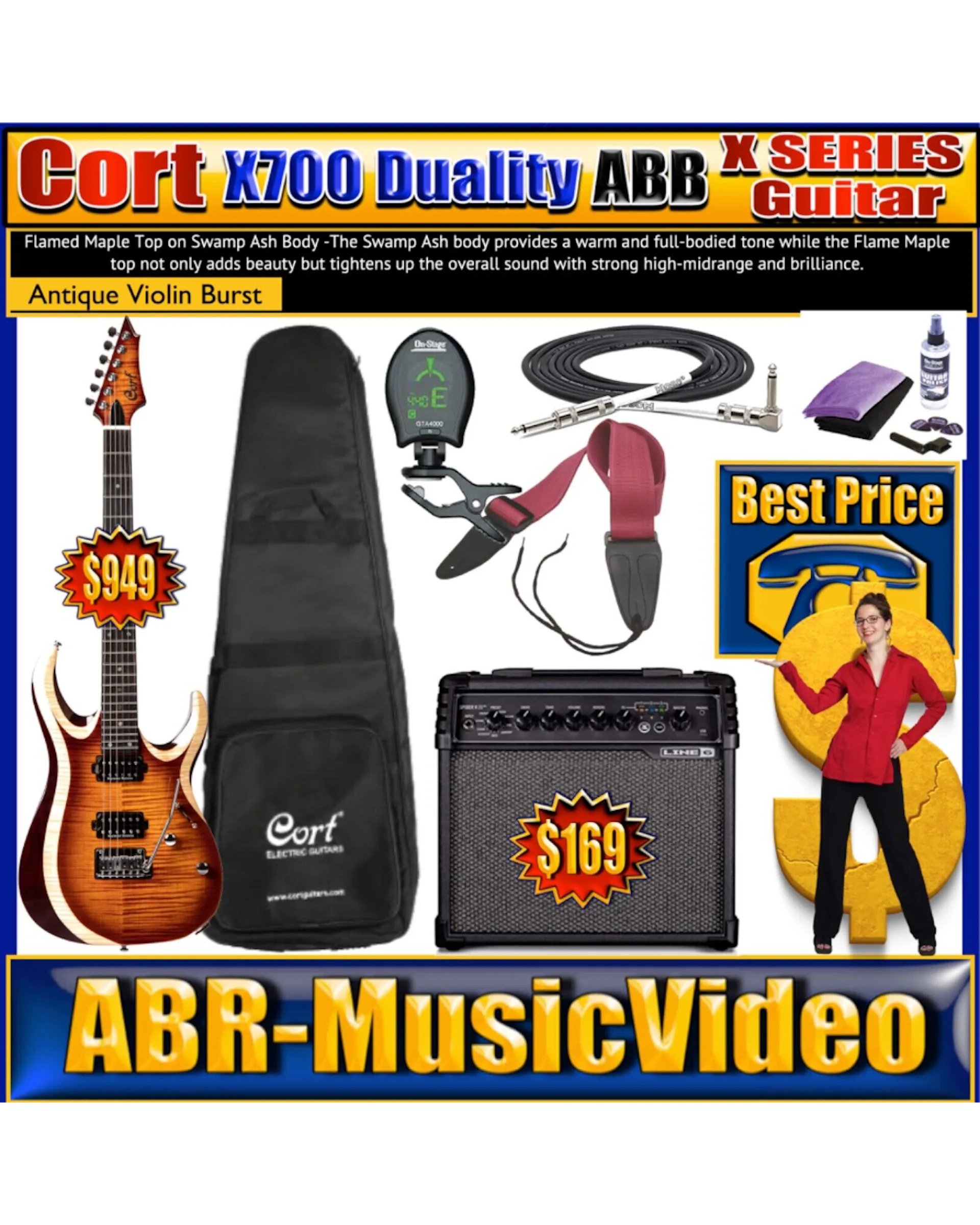 Cort X700 DUALITY AVB X Series Guitar & Line 6 Spider V 20 MkII 1x8" 20 ...