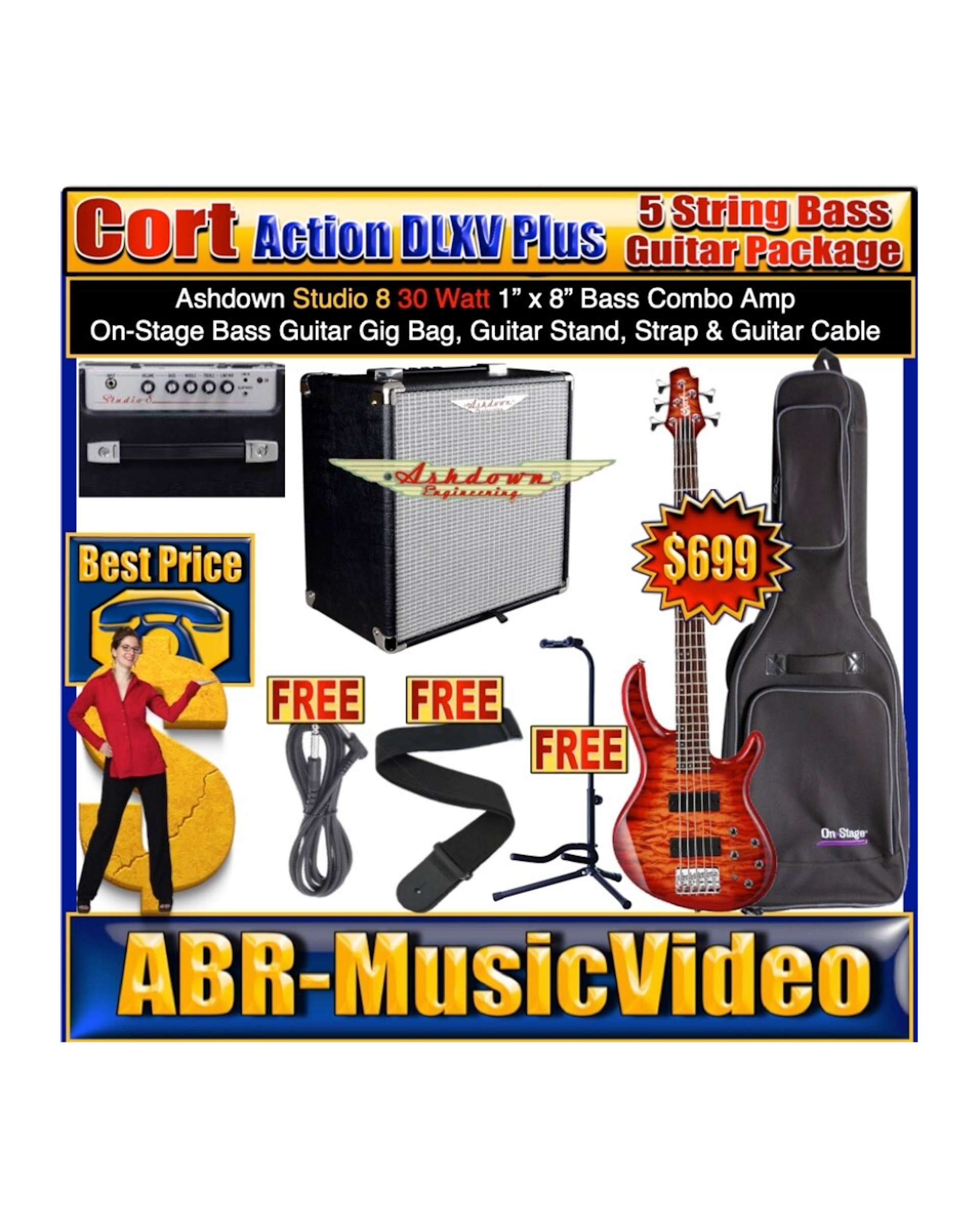 Cort Action DLXV 5 String Bass Guitar & Ashdown Studio 15 300 Watt Bass ...