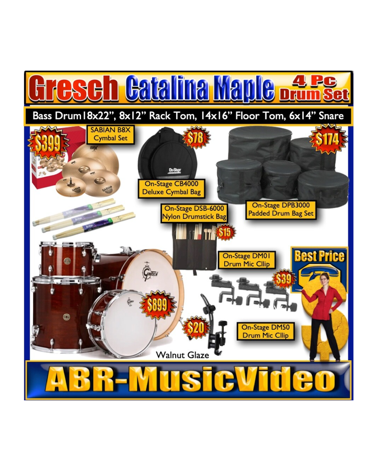 Gretsch Catalina Maple 4-PC Drums/ On-Stage Drum & Cymbal Bags, SABIAN ...